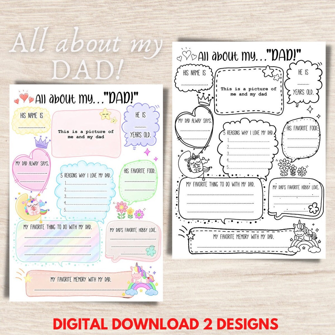 PRINTABLE All About My Dad Fill in the Blank and Color Gift, Birthday ...