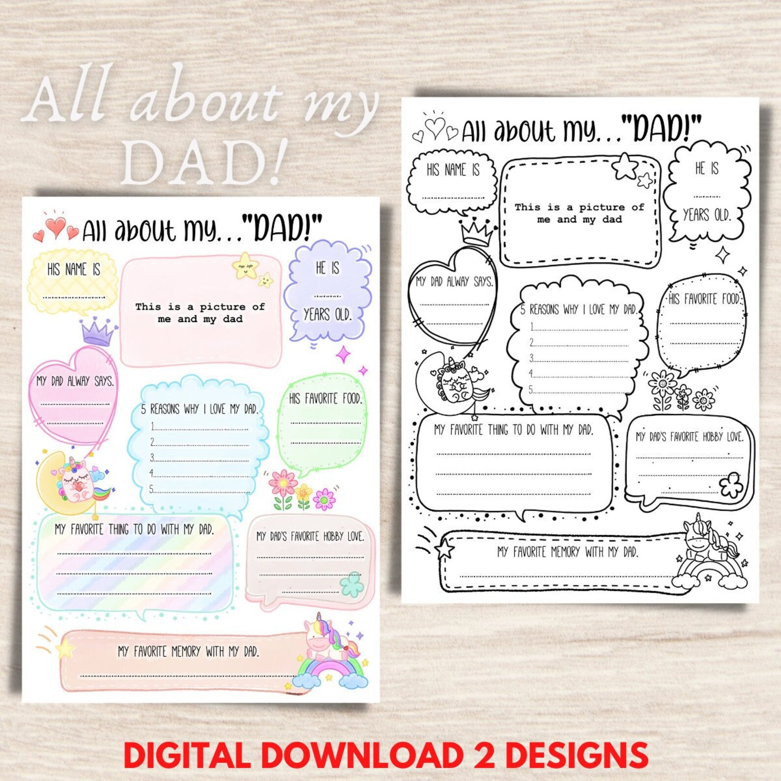 PRINTABLE All About My Dad Fill in the Blank and Color Gift, Birthday ...