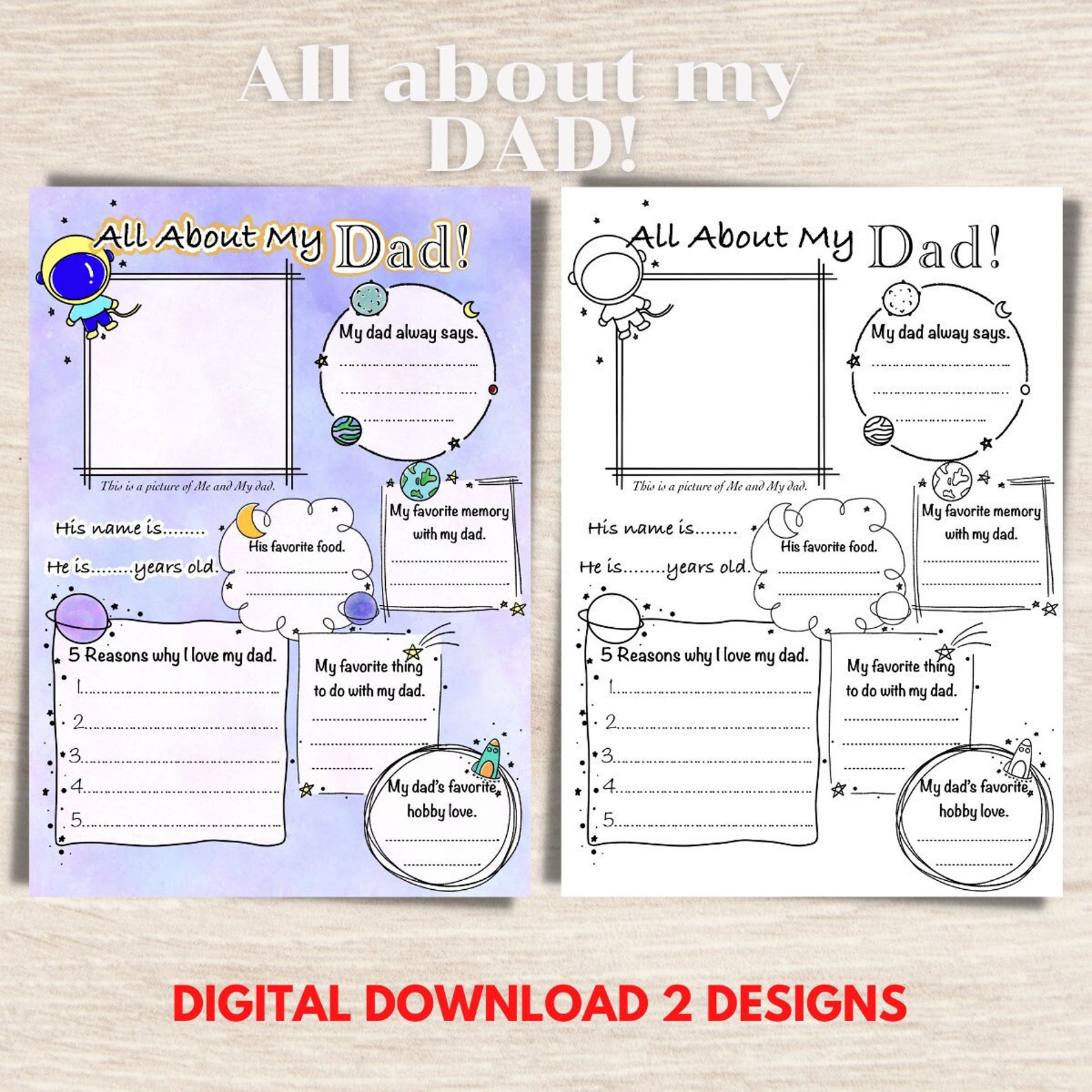 PRINTABLE All About My Dad Fill in the Blank and Color Gift, Birthday ...