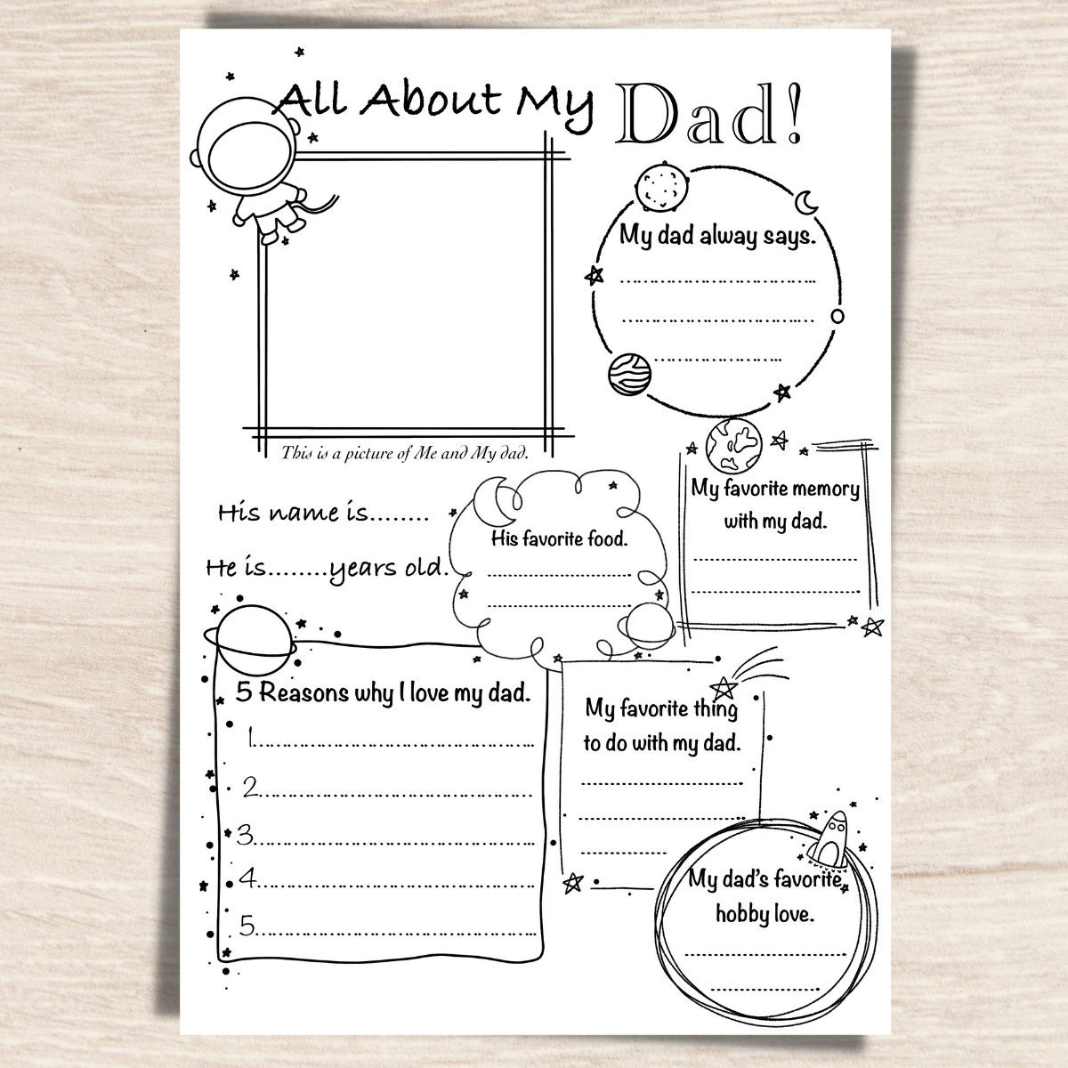 PRINTABLE All About My Dad Fill in the Blank and Color Gift, Birthday ...