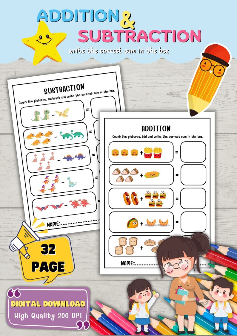 30 Self-filling Math Worksheets, 1 Addition Cover and 1 Subtraction ...