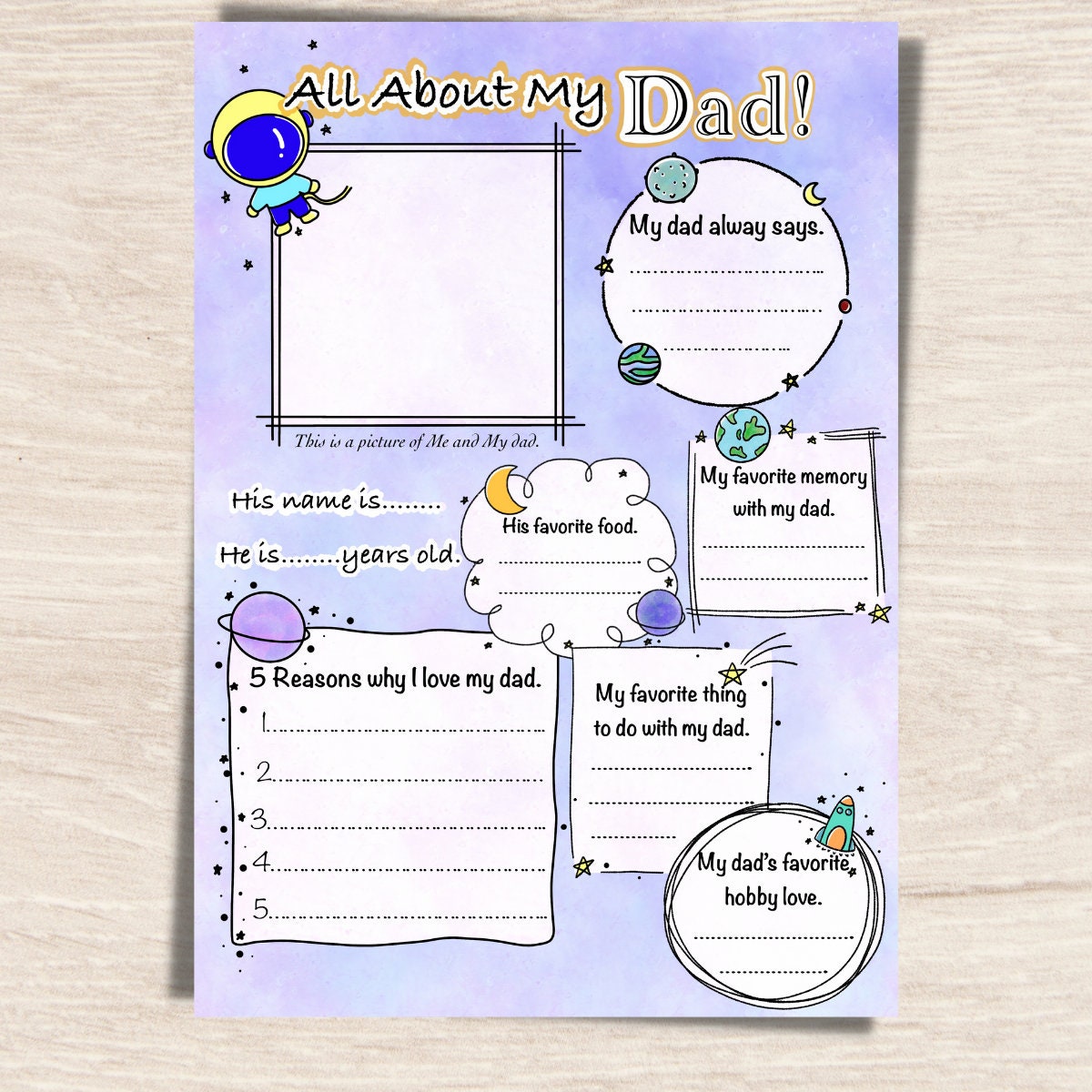 PRINTABLE All About My Dad Fill in the Blank and Color Gift, Birthday ...