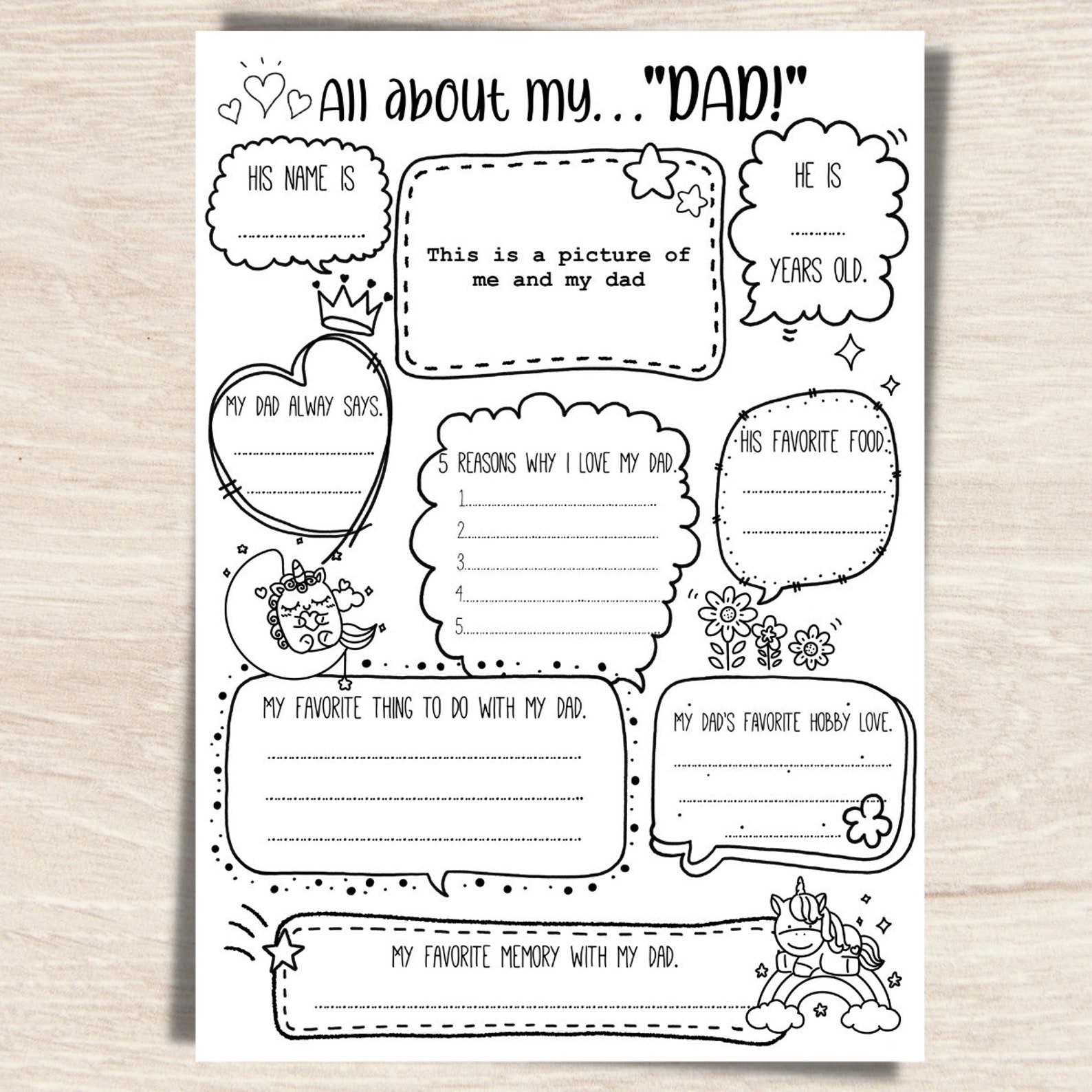 PRINTABLE All About My Dad Fill in the Blank and Color Gift, Birthday ...