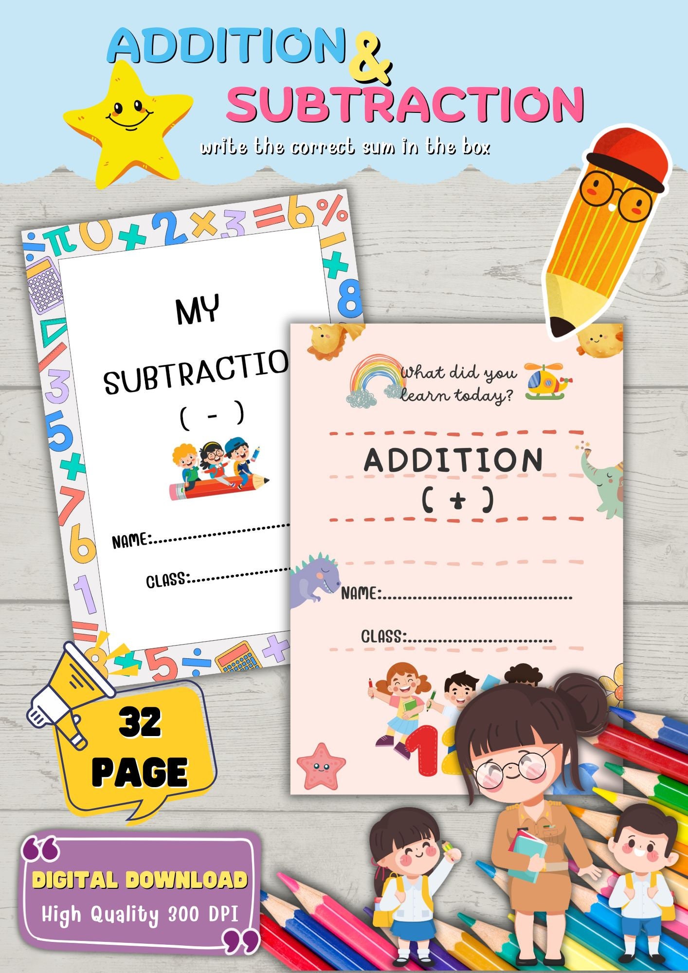 30 Self-filling Math Worksheets, 1 Addition Cover and 1 Subtraction ...