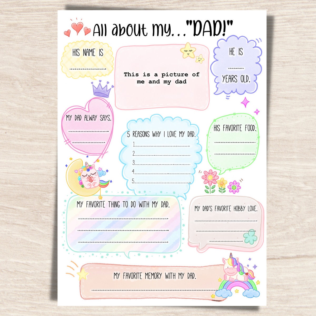 PRINTABLE All About My Dad Fill in the Blank and Color Gift, Birthday ...