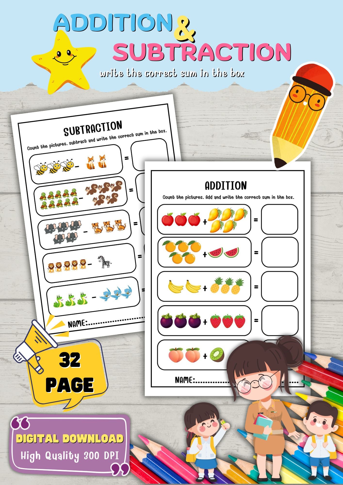 30 Self-filling Math Worksheets, 1 Addition Cover and 1 Subtraction ...