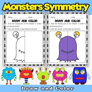 Monster Lines of Symmetry Fun | Draw & Color Math Activity for Prek–1st ...
