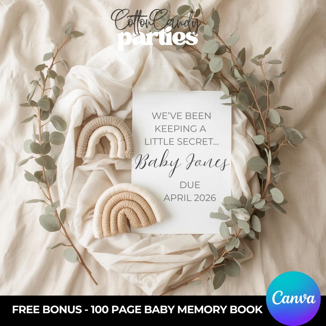 Beige Boho Rainbow Pregnancy Reveal With Dried Foliage, Editable Canva ...