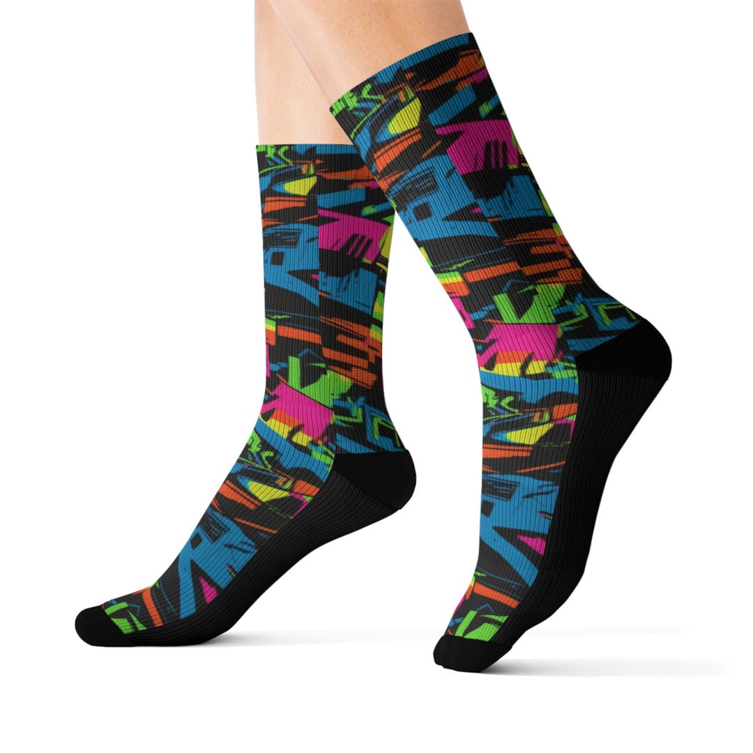 Retro Neon Crew Socks – 90s Geometric Streetwear for Men & Women | Bold ...