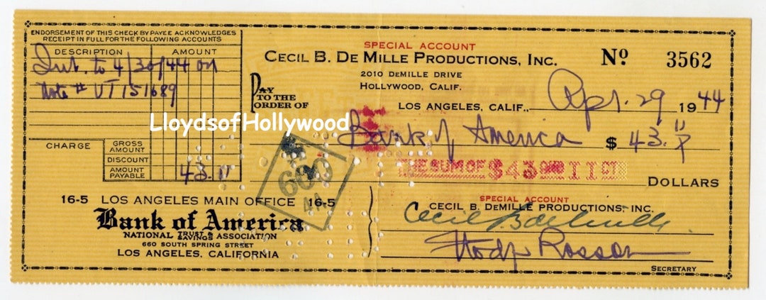 Cecil B Demille Autograph Hand Signed Check Productions Inc Hollywood ...