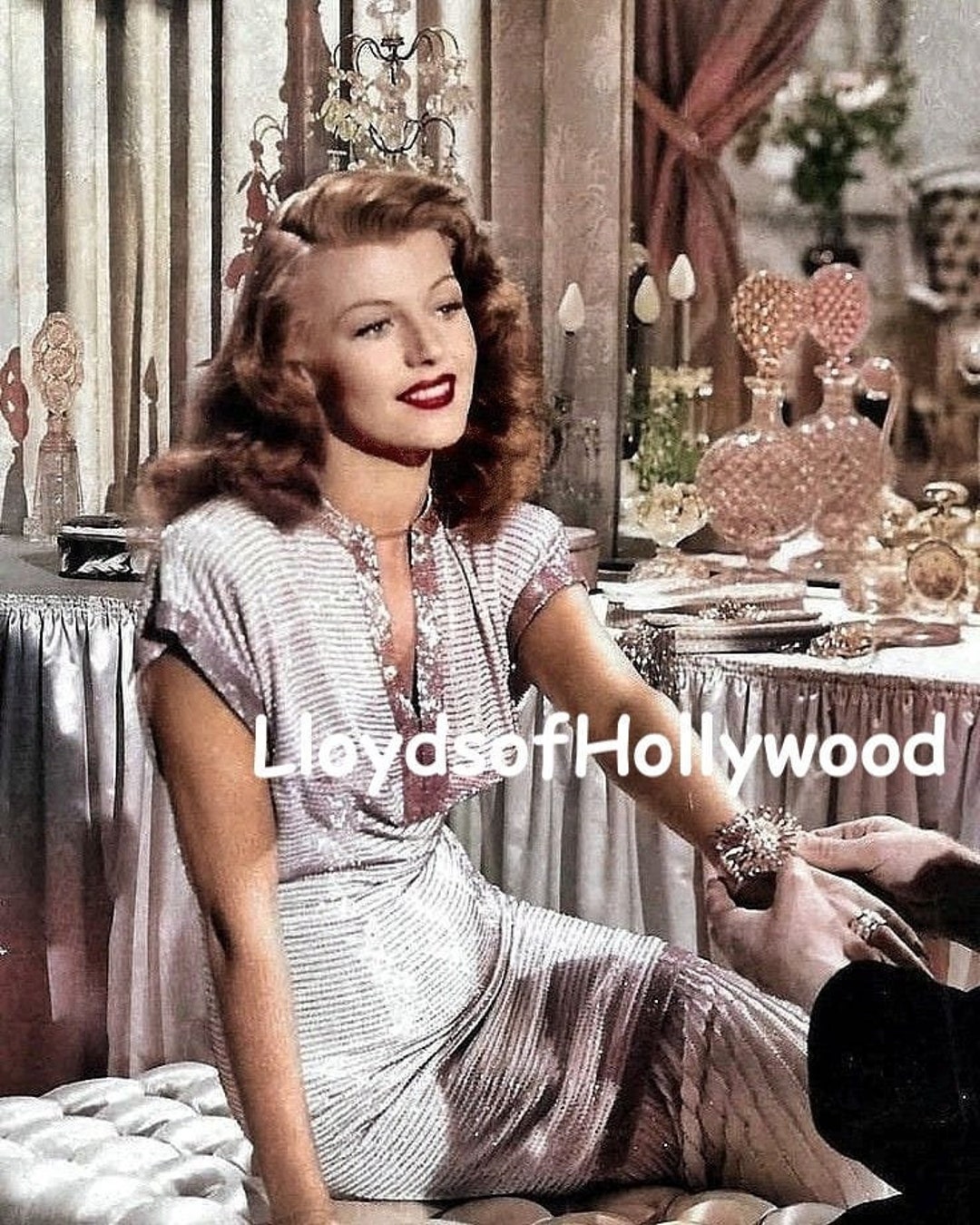 Rita Hayworth Plays Gilda Wearing Jean Louis Dress And Jewelry At Her Bedroom Vanity With