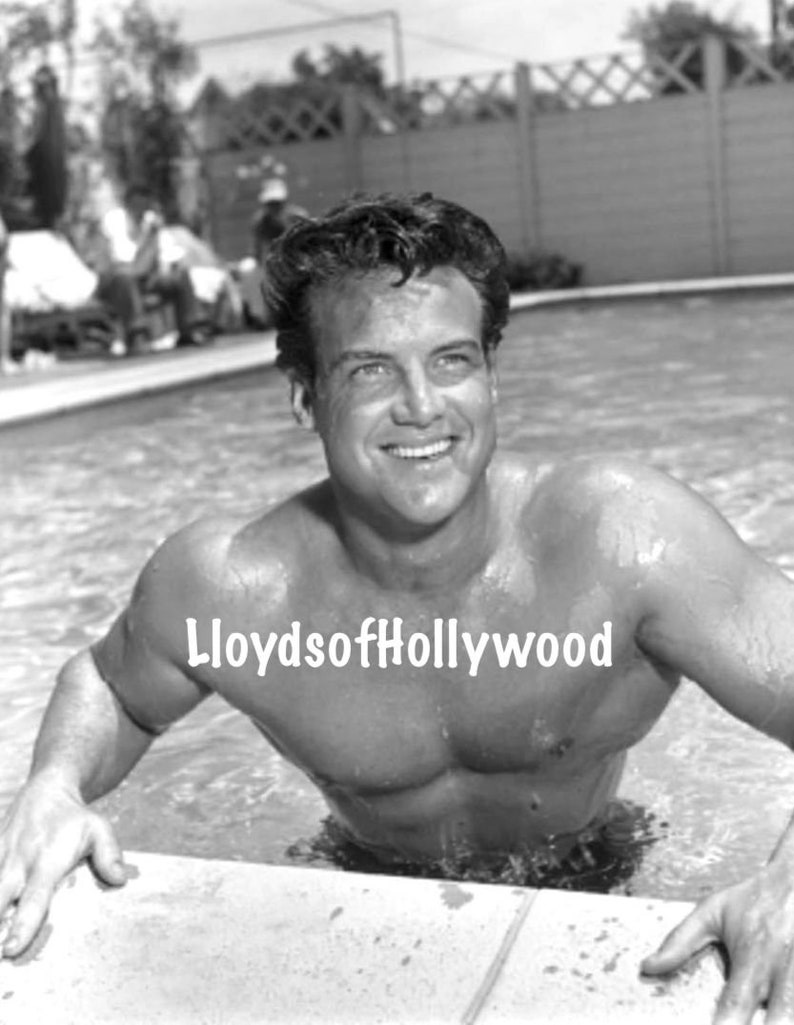 Steve Reeves Handsome Clean- Shaven Bodybuilder Hunk in Trunks in Pool ...