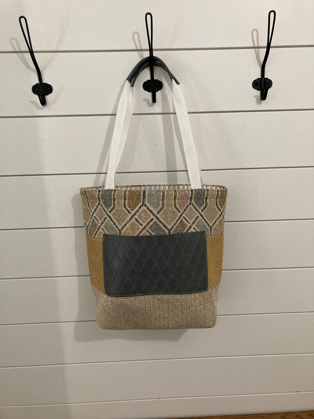 Diamond Pattern Medium Leather and Upholstery Tote Bag, Upcycled, No ...