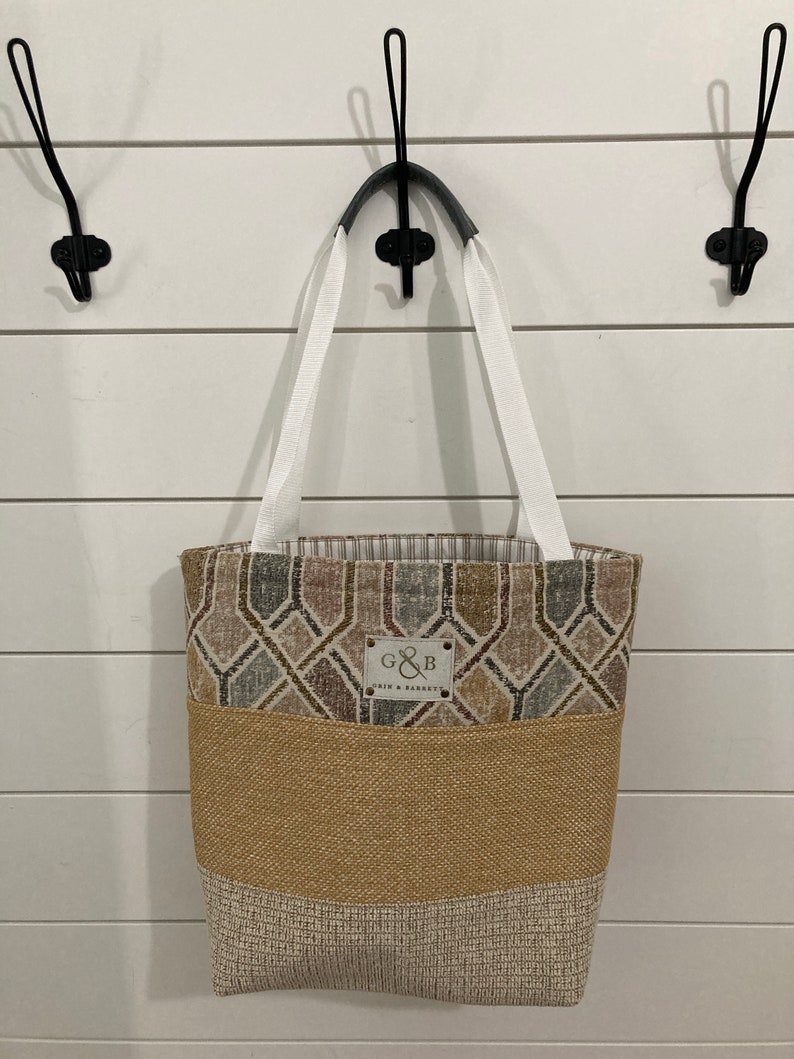 Diamond Pattern Medium Leather and Upholstery Tote Bag, Upcycled, No ...