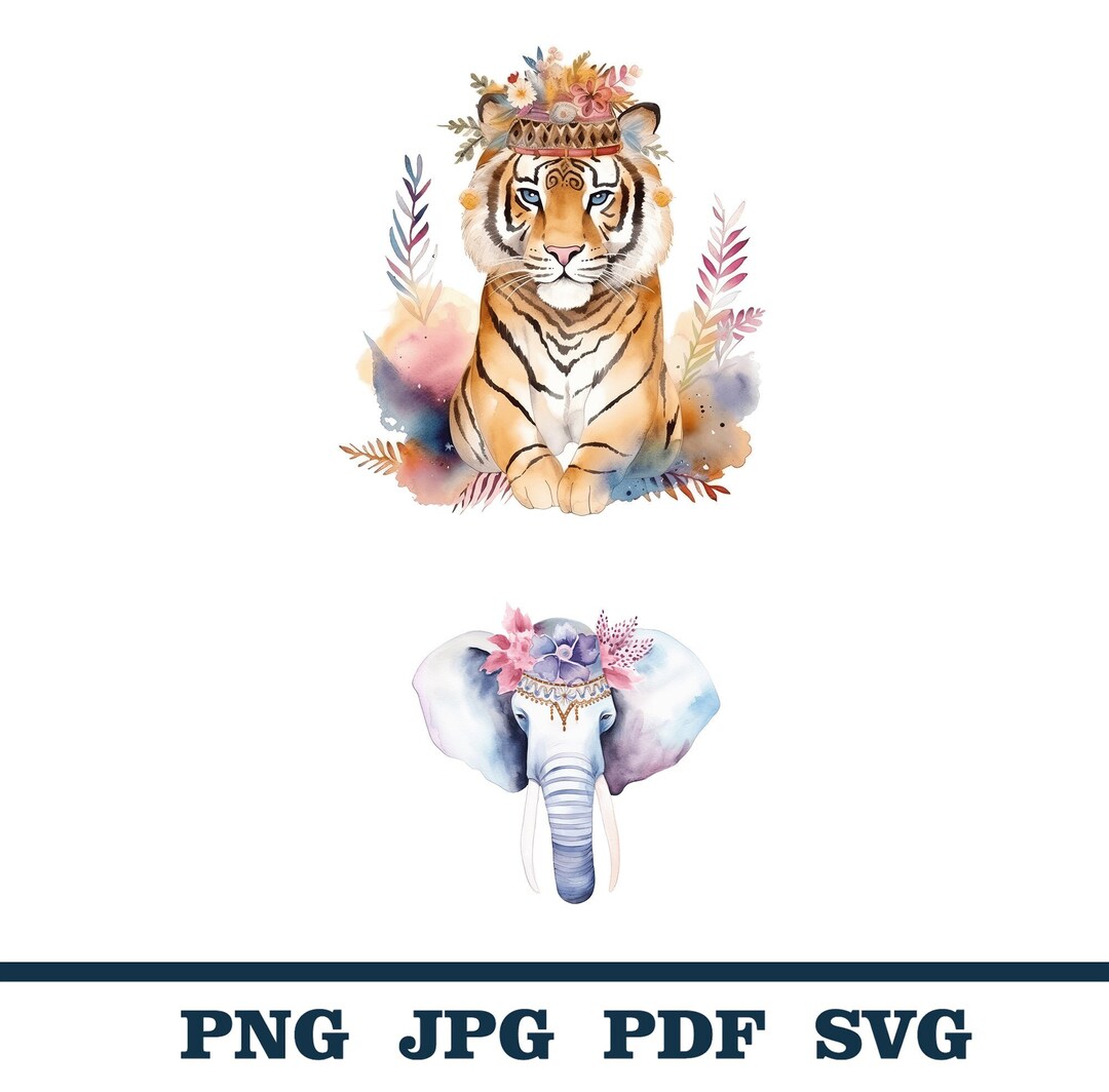 Boho Watercolor Animal Clipart Animals With Flowers Tiger - Etsy