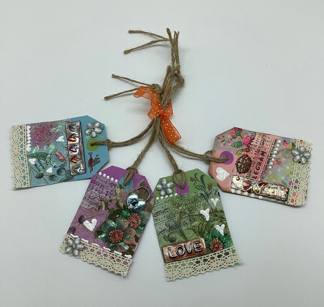 Set of 4 Decorative Tags Cute Gift Tags Mixed Media Art - Etsy