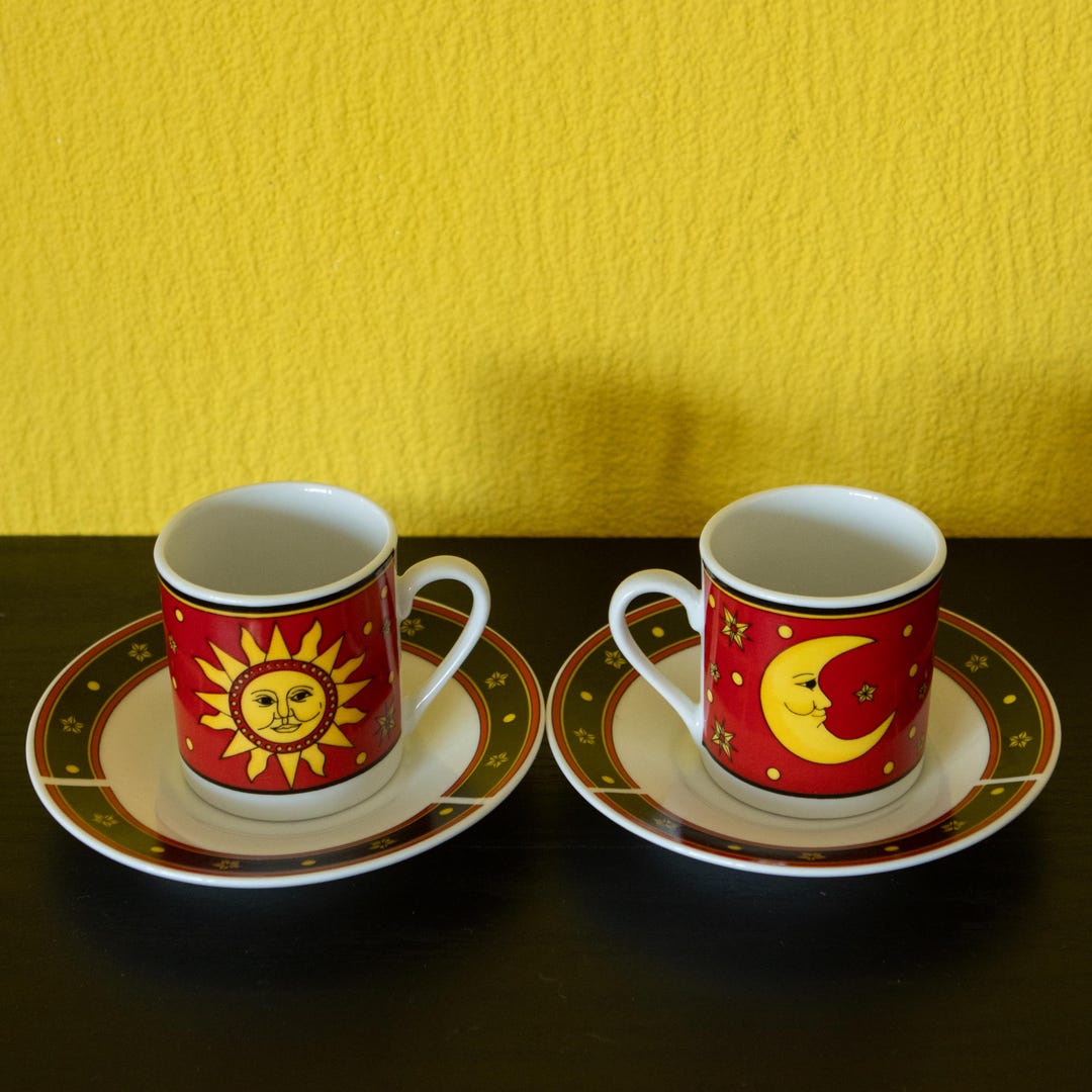 Two Vintage Celestial Cups & Saucers / Porcelain Mugs Sun Moon and ...