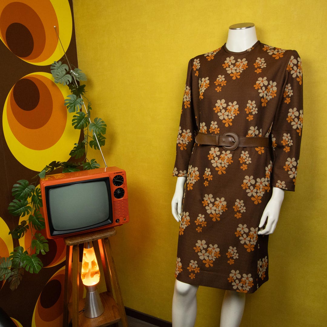 Vintage 70s Midi Dress Hippie Brown and Orange / 1970s Floral Pattern ...