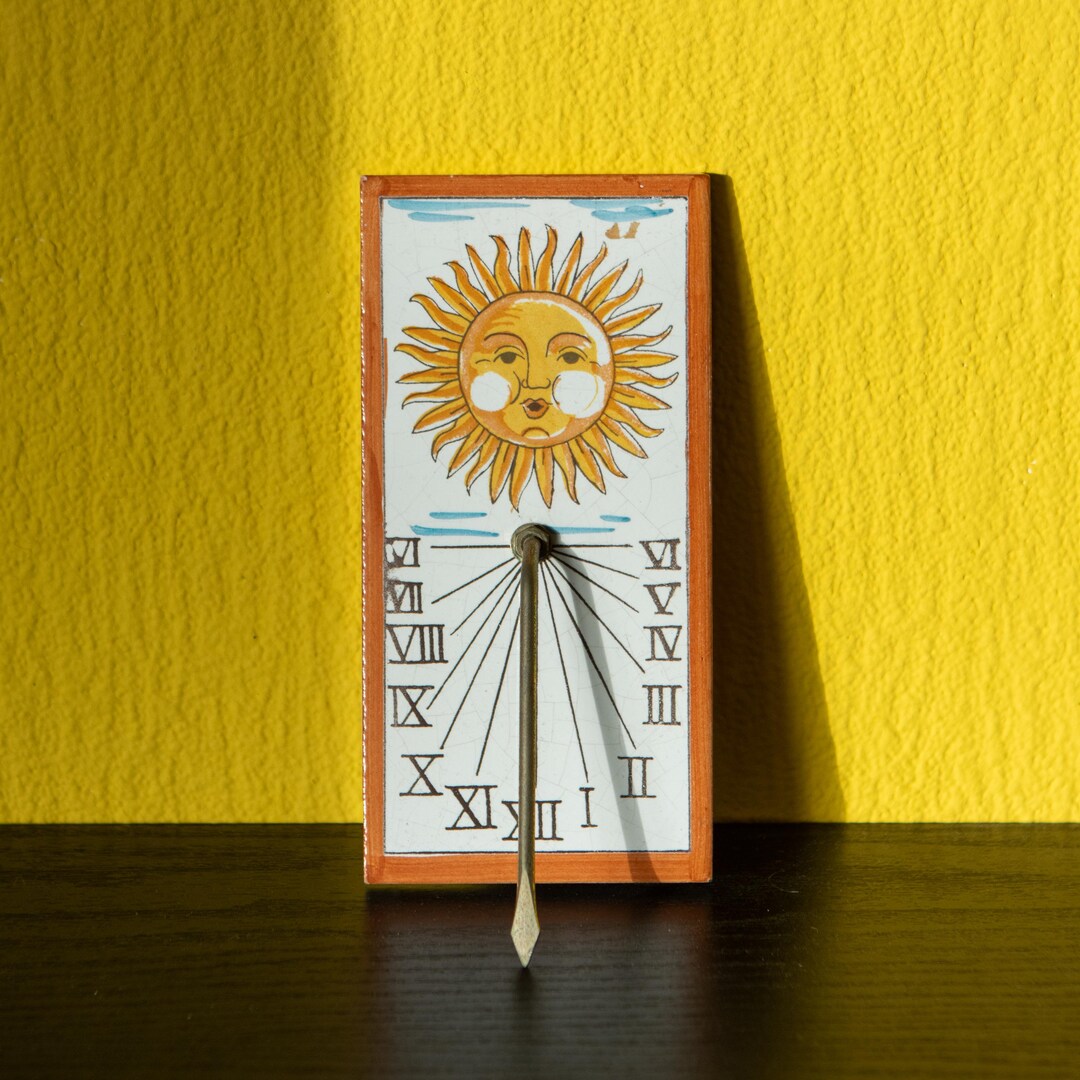 90s Vintage Sundial Terracotta Tile Handpainted Spanish / Sun Face Handmade Art Deco Celestial ...