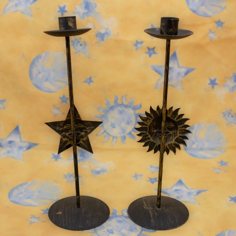 90s Vintage Celestial Candle Holders Art Deco / Candle Sticks Sun Star Astrological Home Decor ...
