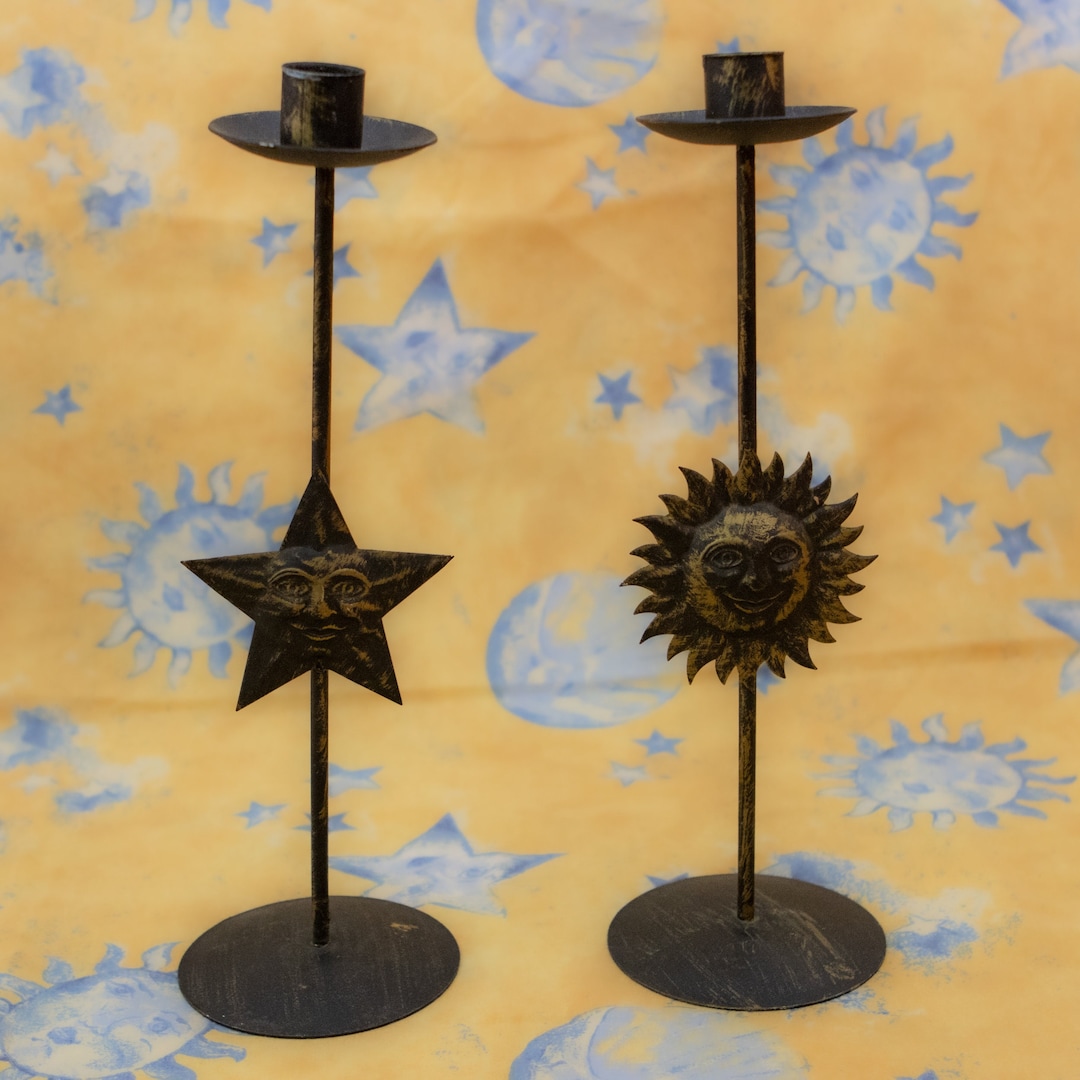 90s Vintage Celestial Candle Holders Art Deco / Set of Three Candle Sticks Sun Moon Star Home ...