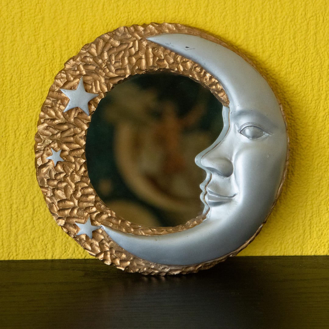 90's Vintage Celestial Mirror Glass Round Whimsical / Handmade Wood ...