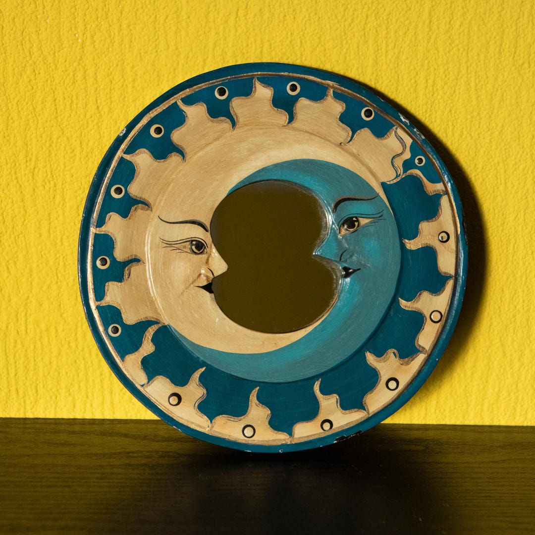 90s Vintage Celestial Mirror Round Glass Handmade Wood / Blue Yellow ...