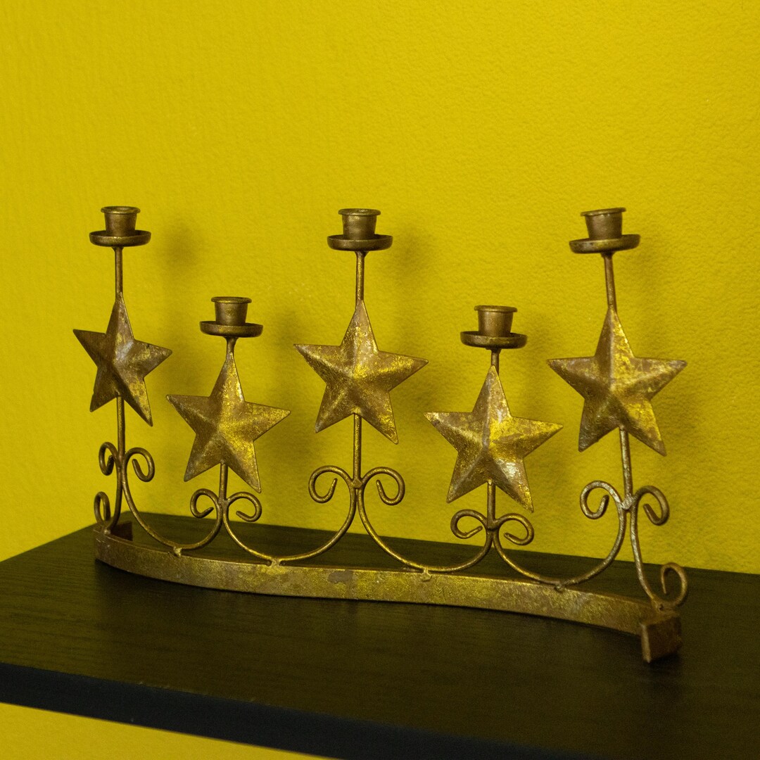 90s Vintage Stars Candle Holder Gold / Art Deco Five Candle Sticks ...