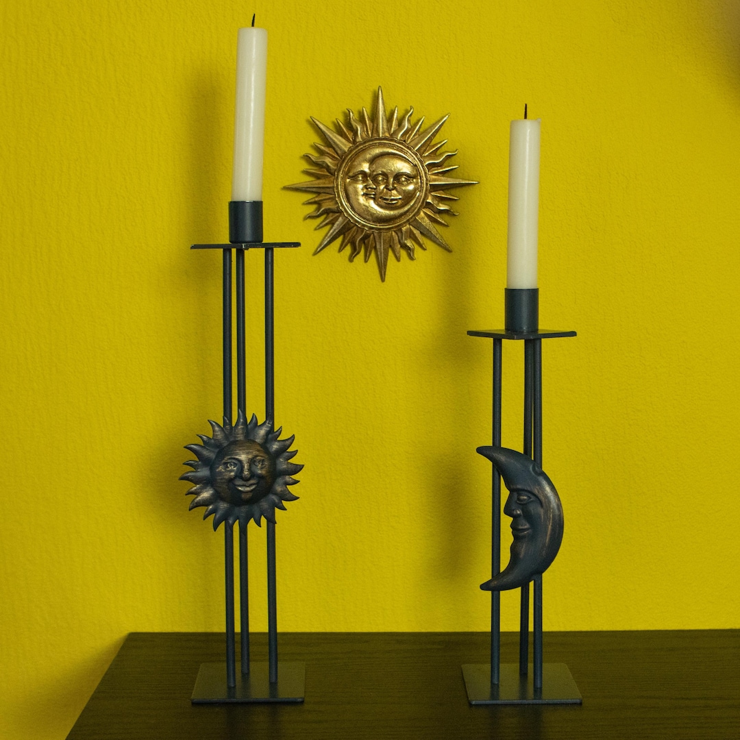 90s Vintage Celestial Candle Holders Art Deco / Set of Two Candle Sticks Sun Moon and Star Home ...