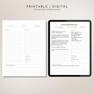 Recipe Template Ingredients List for Cookbook Recipe Insert Printable ...