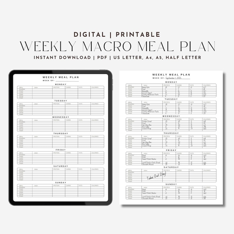 Weekly Meal Planner Printable Template for Nutrition Tracking Digital ...
