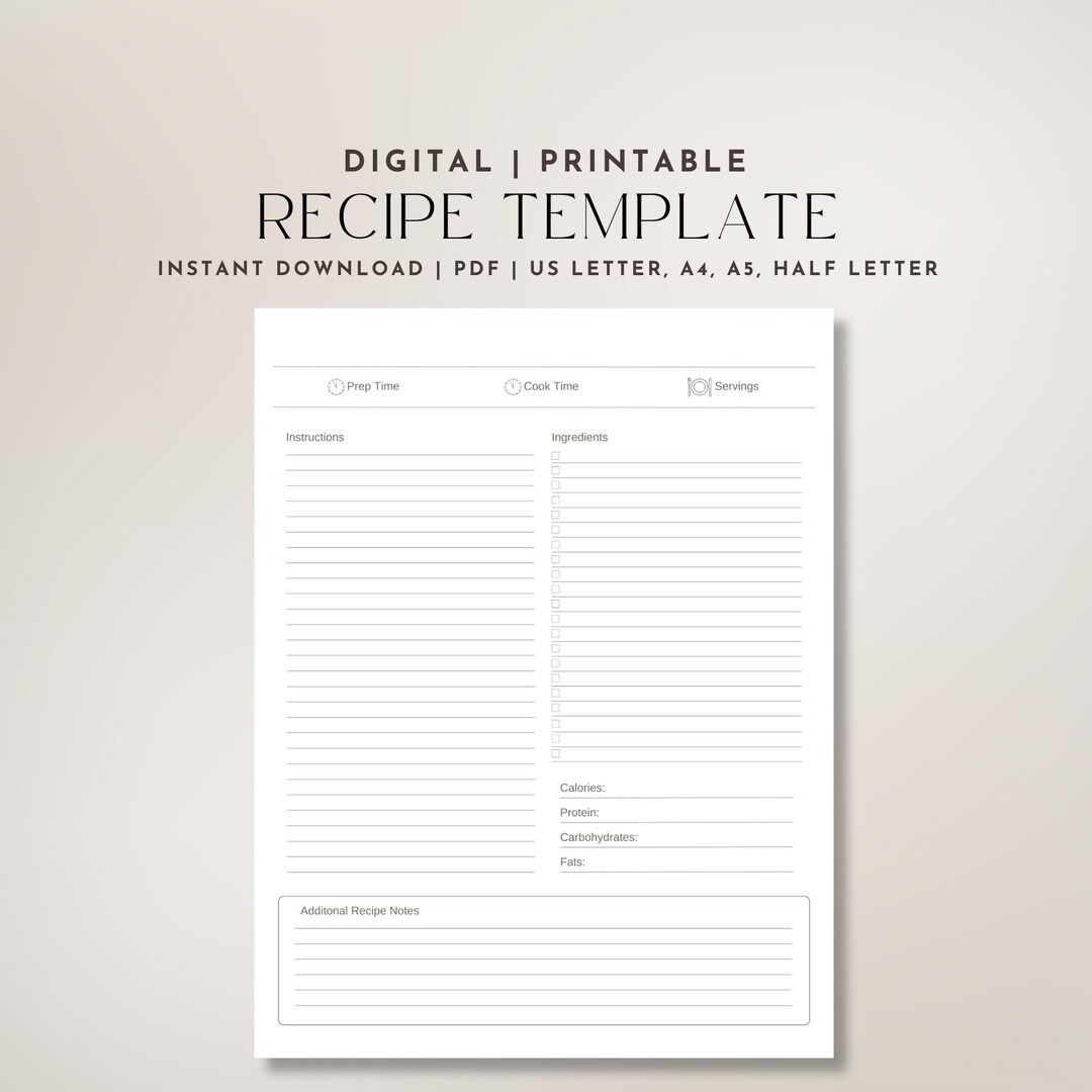 Recipe Template Ingredients List for Cookbook Recipe Insert Printable ...
