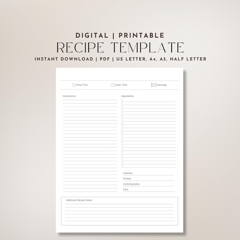 Recipe Template Ingredients List for Cookbook Recipe Insert Printable ...
