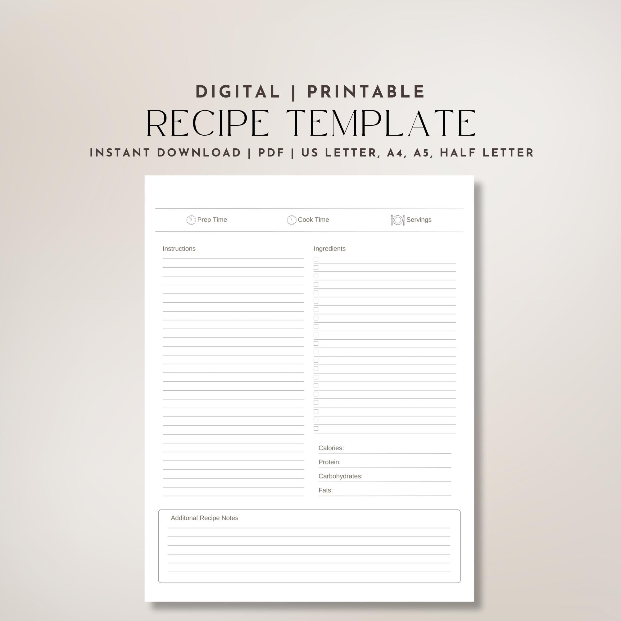 Recipe Template Ingredients List for Cookbook Recipe Insert Printable ...