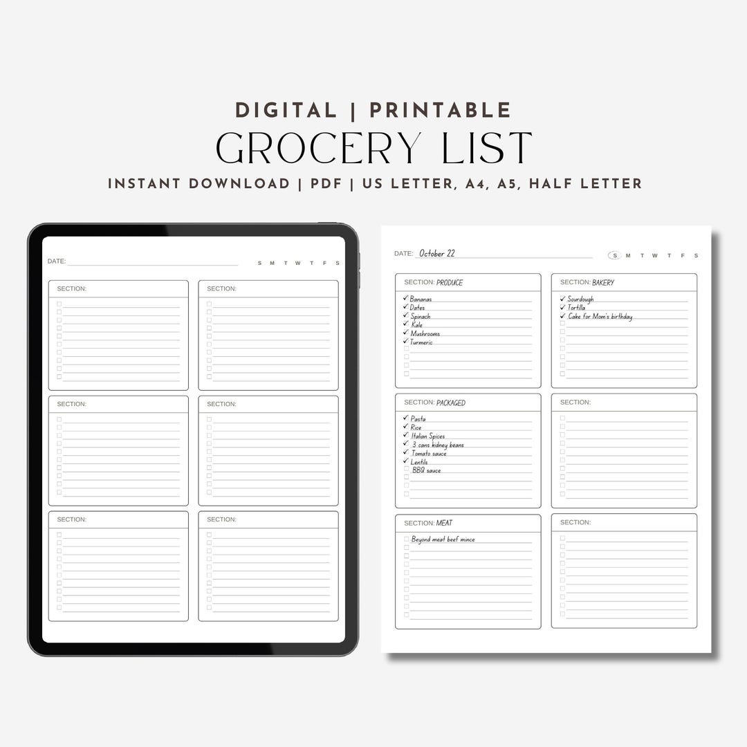 Printable Grocery List Template Digital Shopping Planner for Household ...