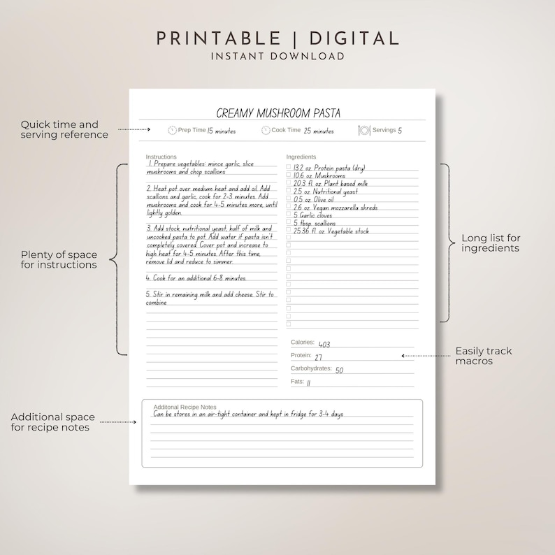Recipe Template Ingredients List for Cookbook Recipe Insert Printable ...