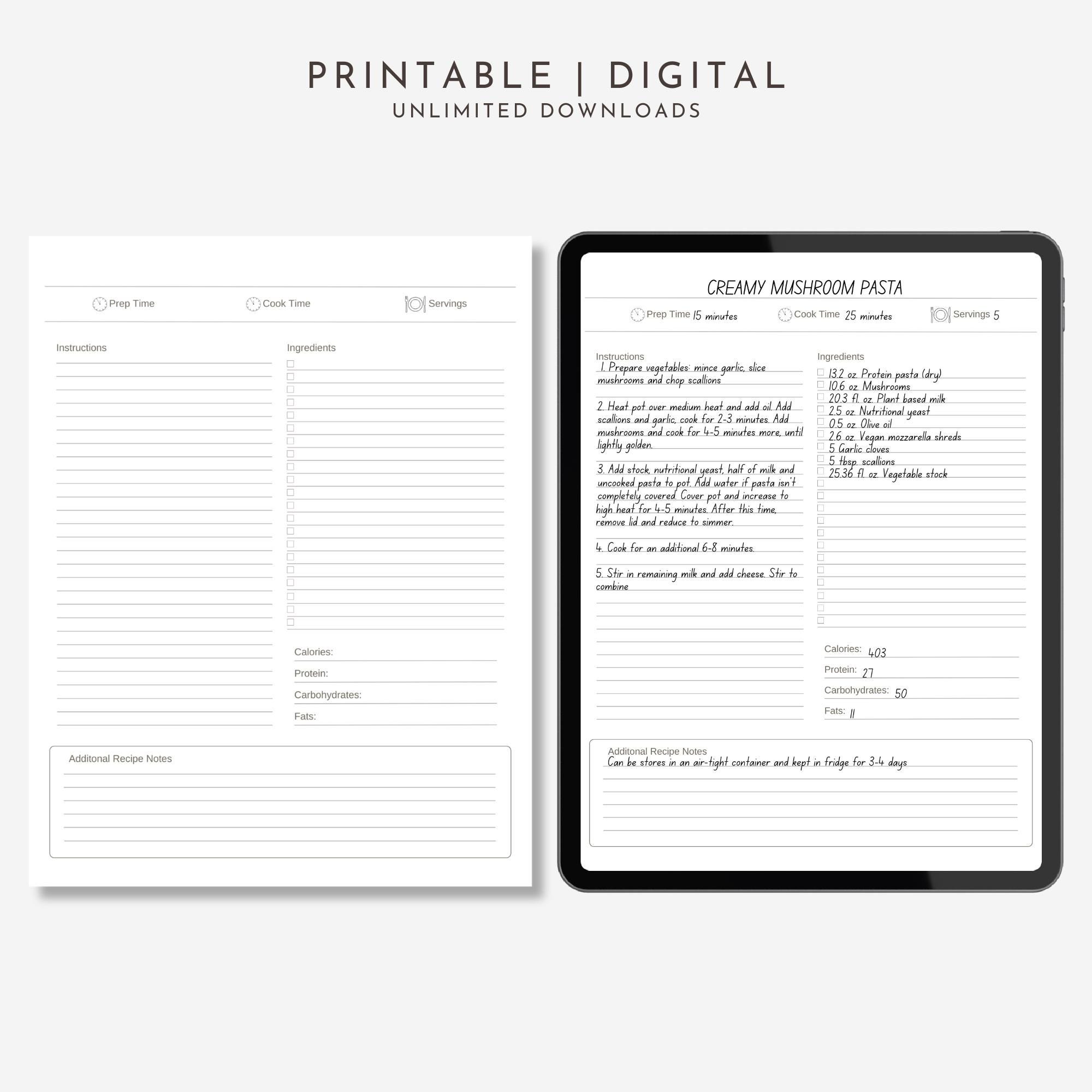 Printable Recipe Template for Meal Planning Recipe Sheet With Macro ...