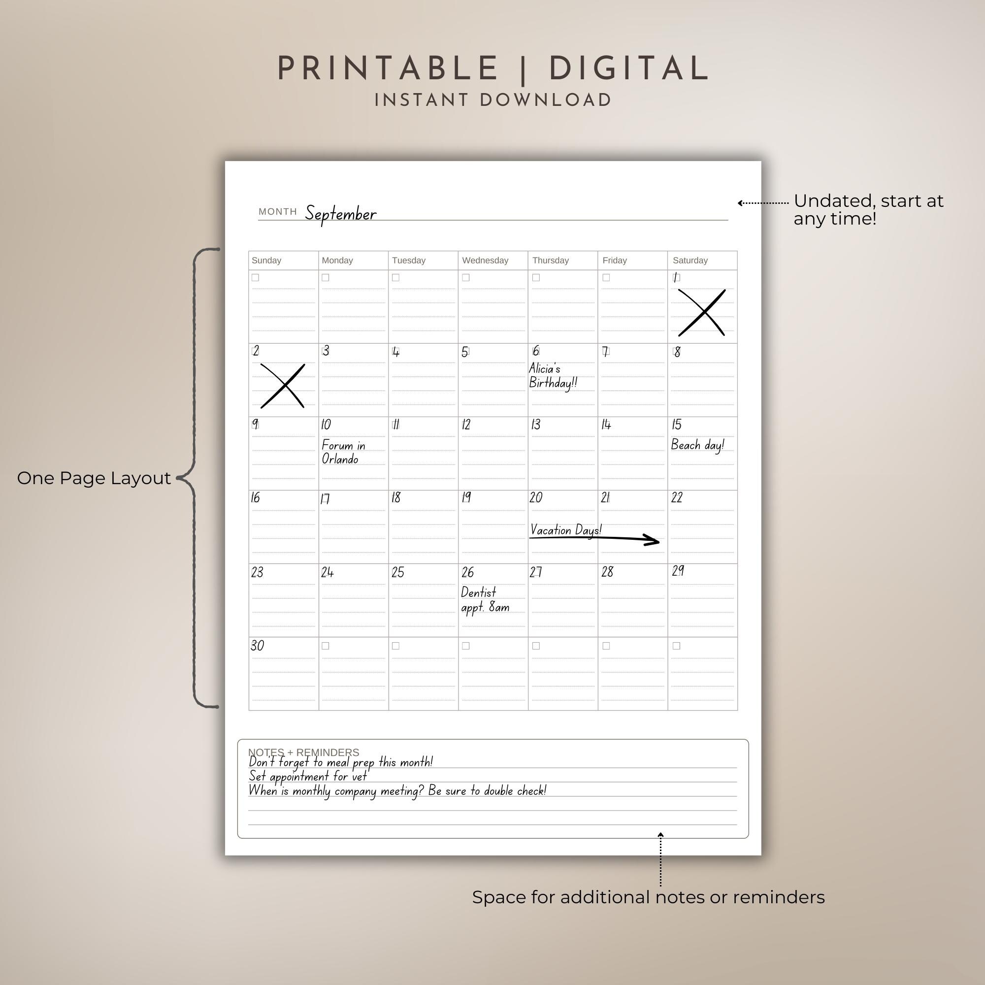 Monthly Blank Calendar Template 2026 Printable Desk Organizer Editable ...