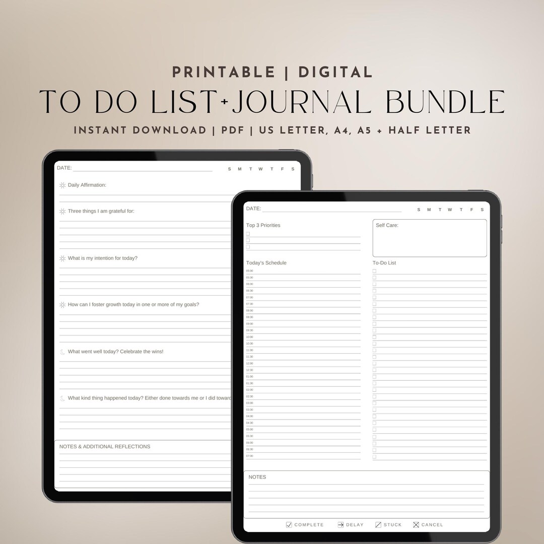 Printable to Do List and Daily Journal Bundle Digital Day Organizer ...