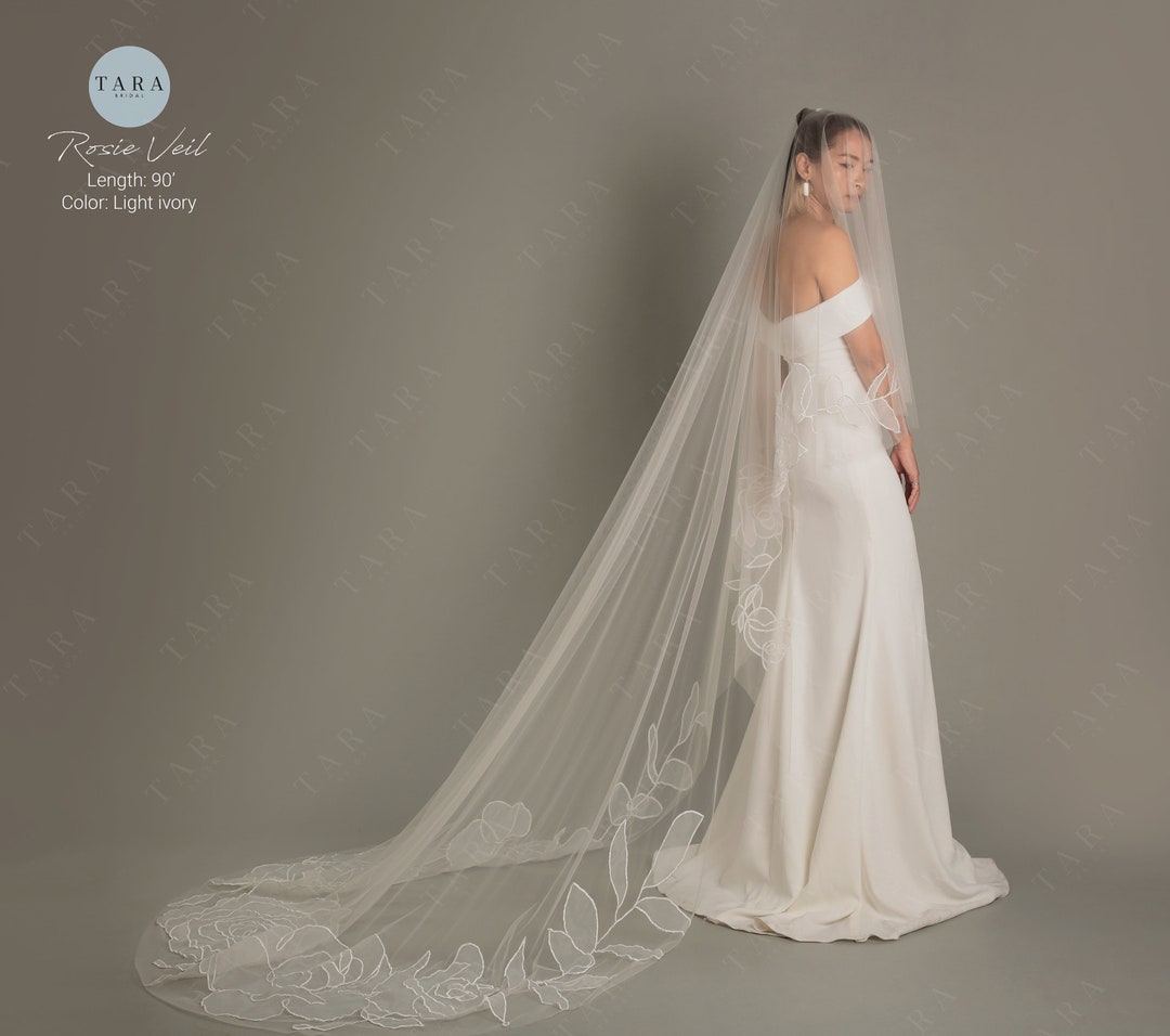 ROSIE Drop Chapel Organza Floral Veil/ Custom Veil/ Chapel Wedding Veil/ Floral Veil Embroidered ...