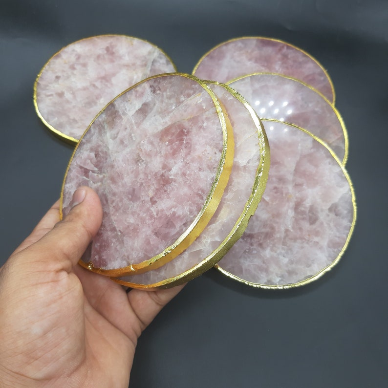 Rose Quartz Coaster With Gold Edge: Table Decoration - Etsy