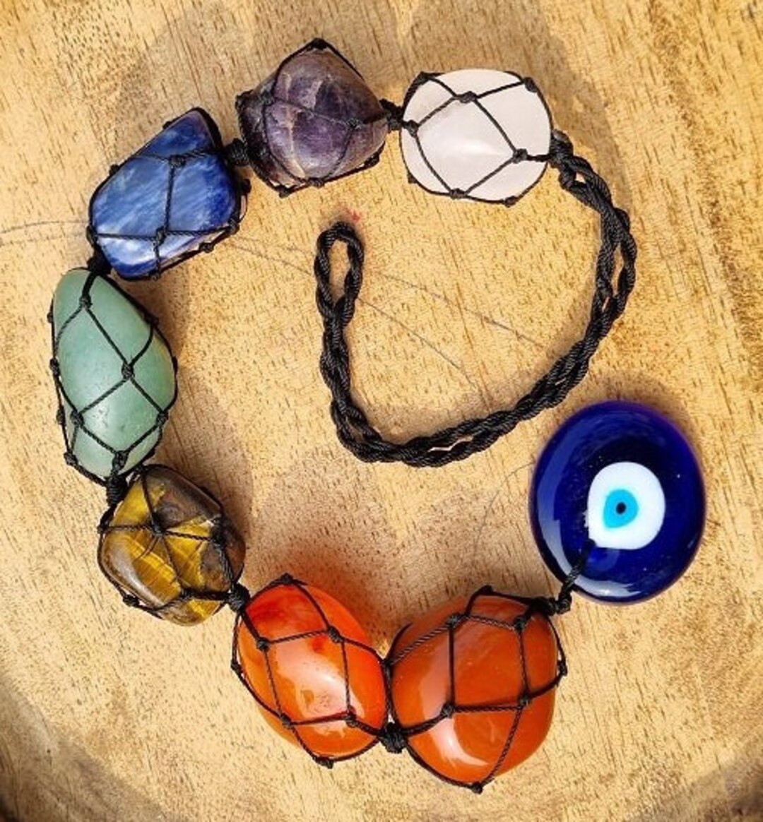 Seven Chakra Tumbled With Evil Eye Car Mirror Hanging 7 Chakra Tassel ...