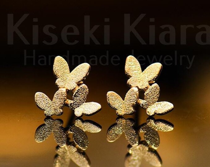 10k Solid Gold Cluster Butterfly Earrings, Triple Butterfly Studs, 3 Butterflies Earrings Studs ...