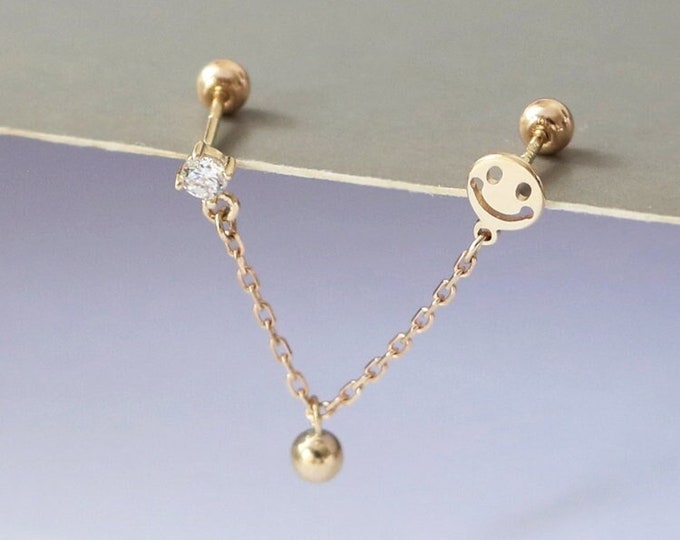 10k Gold Smiley Face Double Piercing Cartilage Studs, Screw Back ...