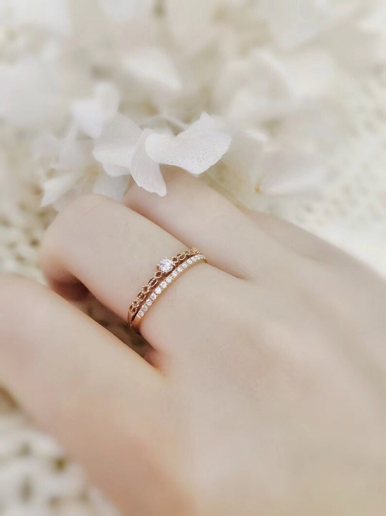 14K Gold Double Layer Diamond Stacked Engagement Ring Simple - Etsy
