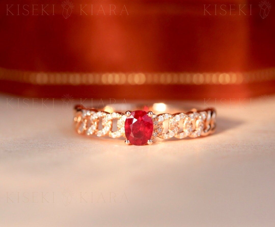 Ruby Cuban Link Diamond Wedding Band, Oval Ruby 4 Claw Prong Solitaire ...