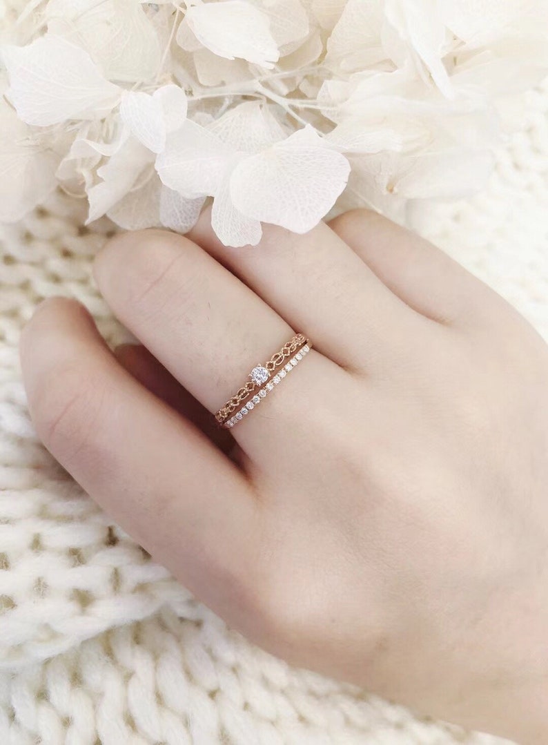 14K Gold Double Layer Diamond Stacked Engagement Ring Simple - Etsy