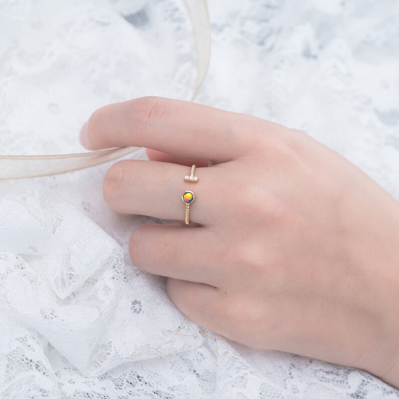 14K Gold Australian Black Opal Open Ring Black Opal T Ring - Etsy