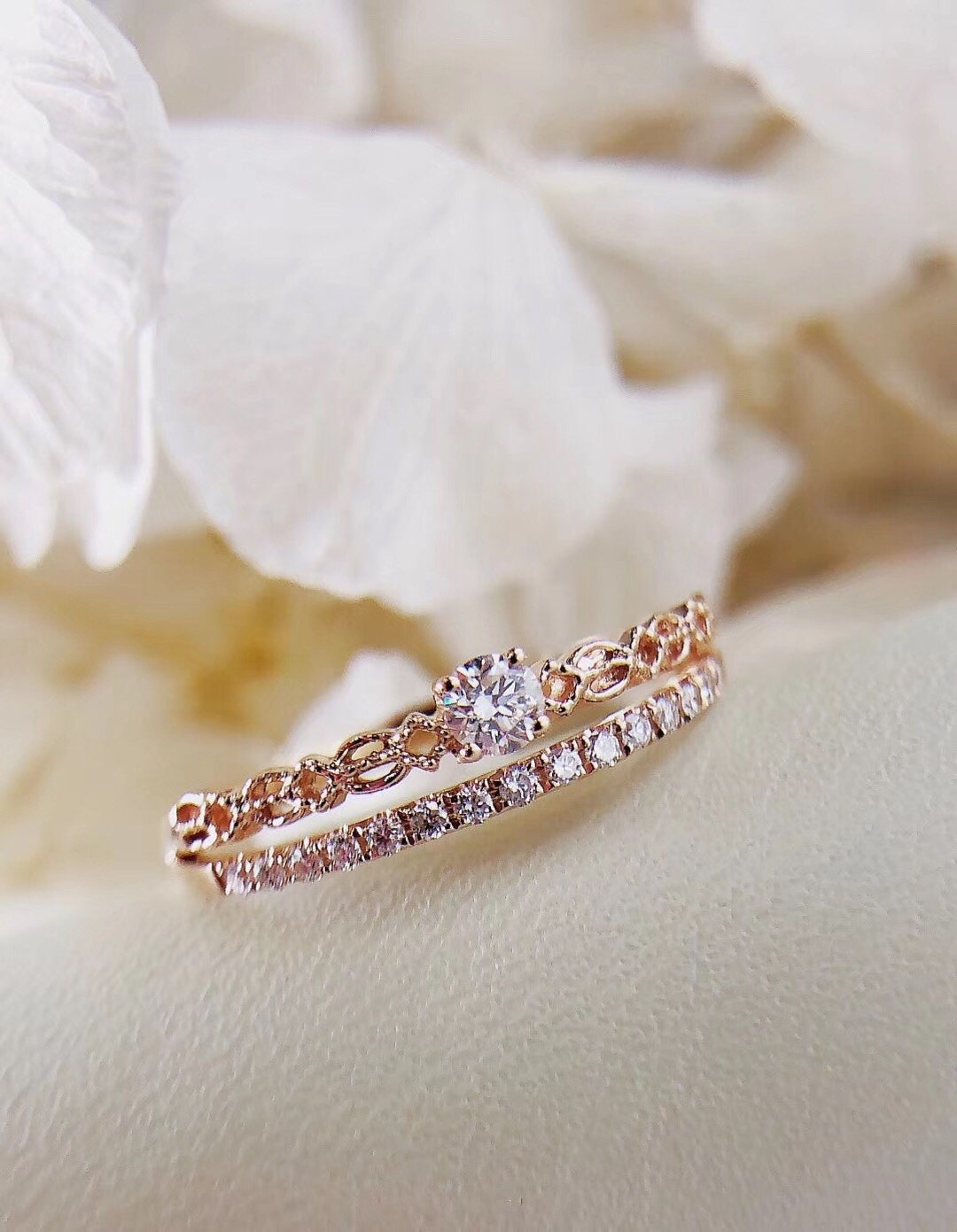 14K Gold Double Layer Diamond Stacked Engagement Ring, Simple Gold Ring ...