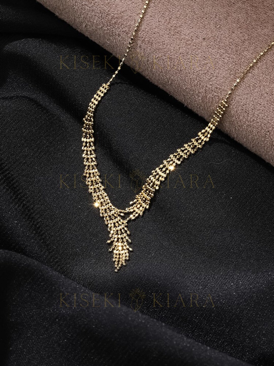 18k Solid Gold Glitzy Formal Necklace, Elegant Sparkling Necklace ...
